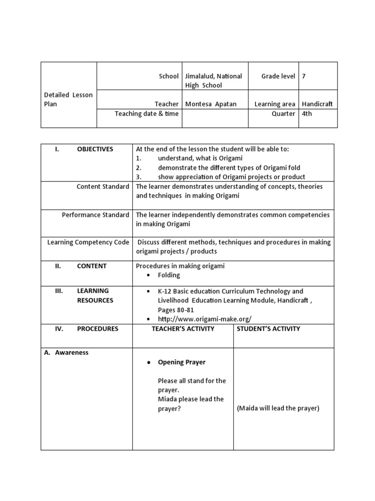Detailed Lesson Plan. ORIGAMI | PDF | Origami | Teaching