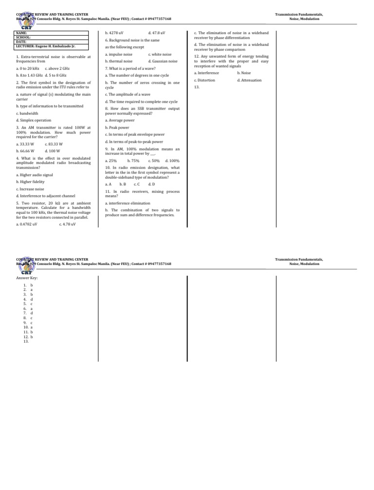 Radio Communications Systems I - Session 1 - AdU - Long Quiz | PDF ...