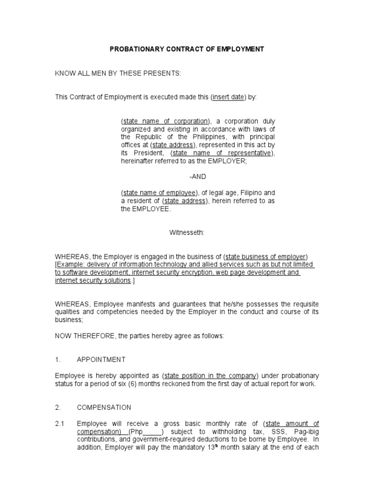 Probationary Contract Sample | PDF | Confidentiality | Employment