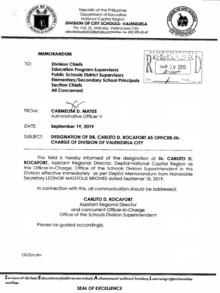 Designation of DR - Carlito D - Rocafort As Officer in Charge of ...