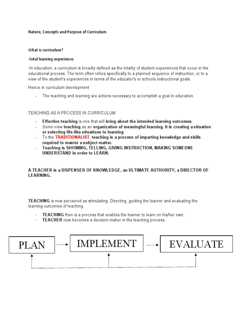 Implement Plan Evaluate: Nature, Concepts and Purpose of Curriculum ...