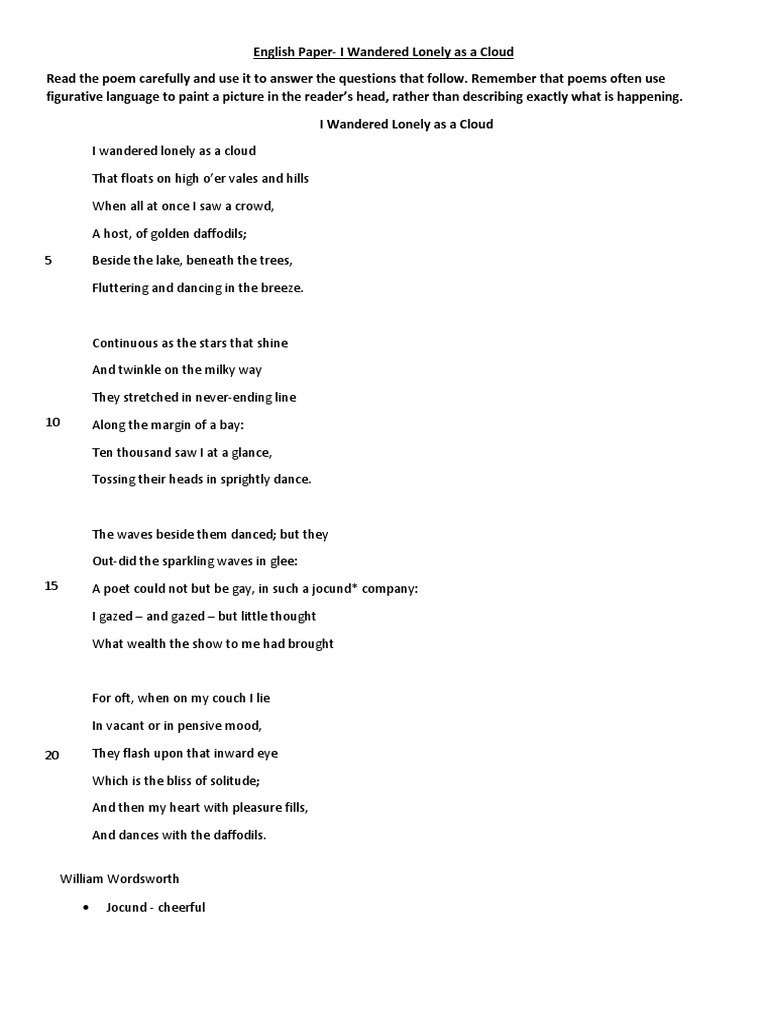 I Wandered Lonely As A Cloud English Paper | PDF | Poetry