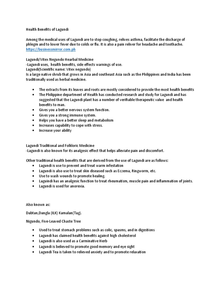 Health Benefits of Lagundi | PDF | Adverse Effect | Anti Inflammatory