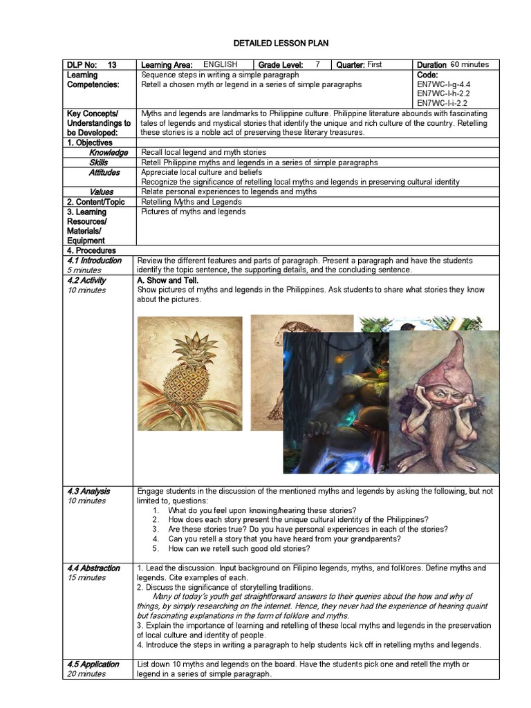 DLP No. 13 - Retelling Myths and Legends | PDF | Legends | Lesson Plan