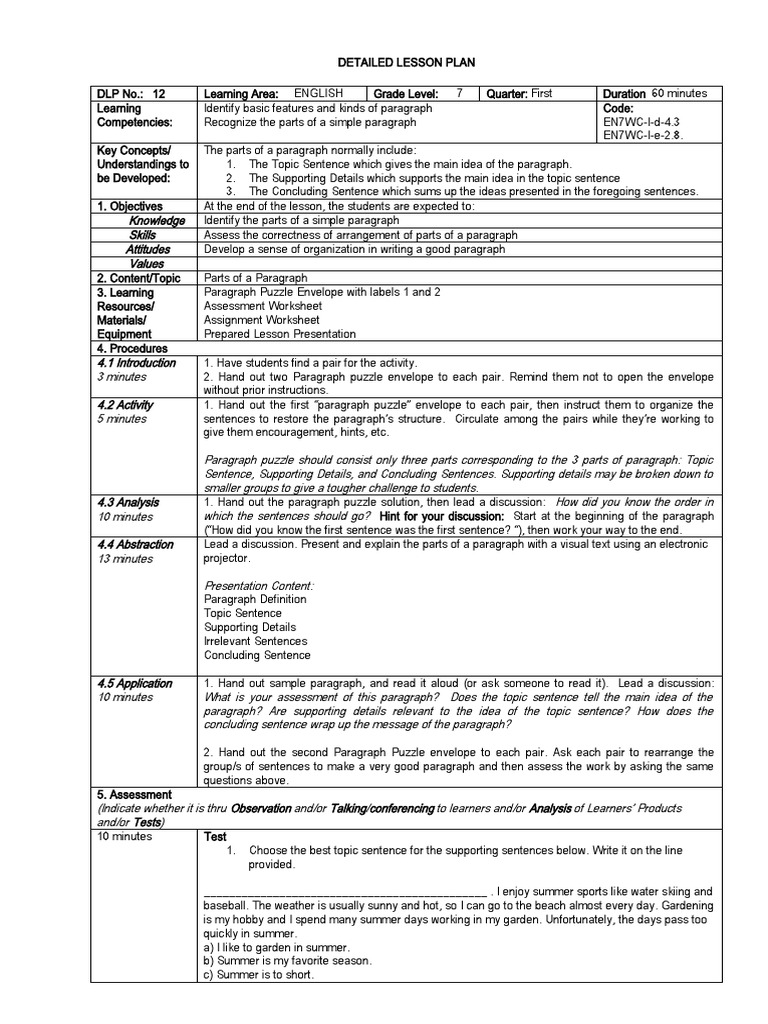 DLP No. 12 - Parts of A Paragraph | PDF | Paragraph | Lesson Plan