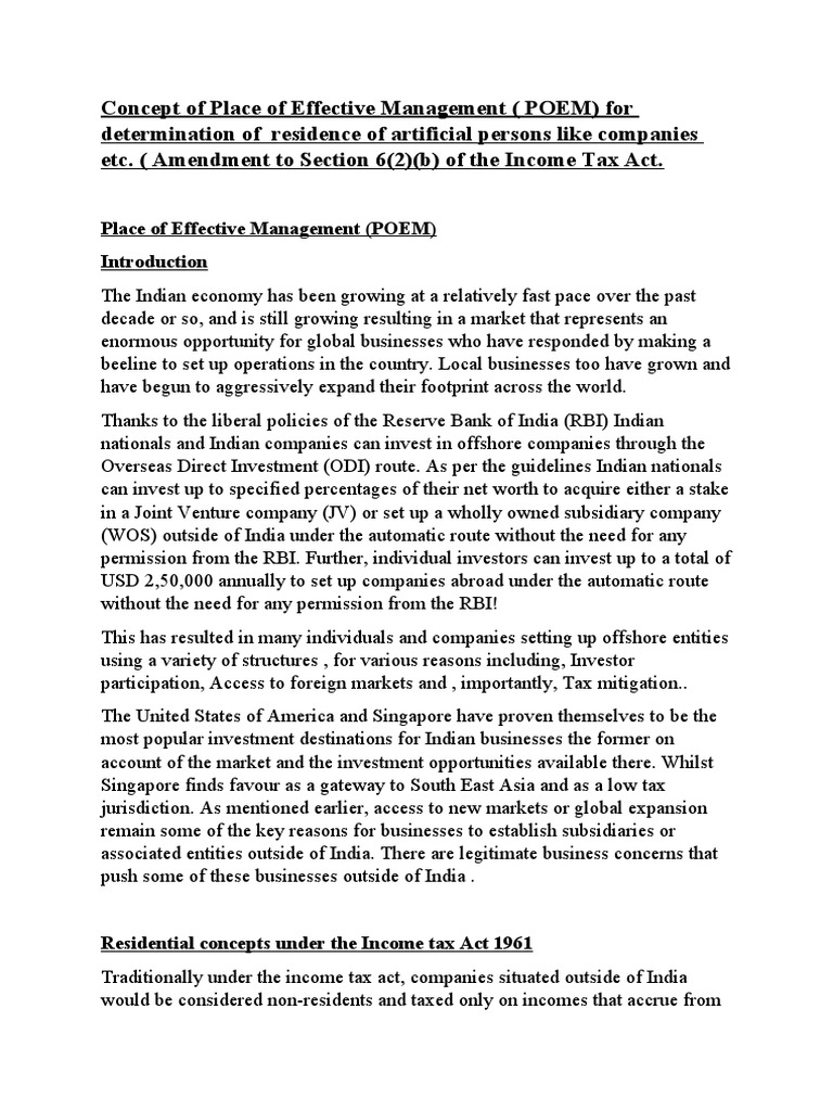 Tax 1 (H) - Concept of POEM | PDF | Corporate Tax | Double Taxation