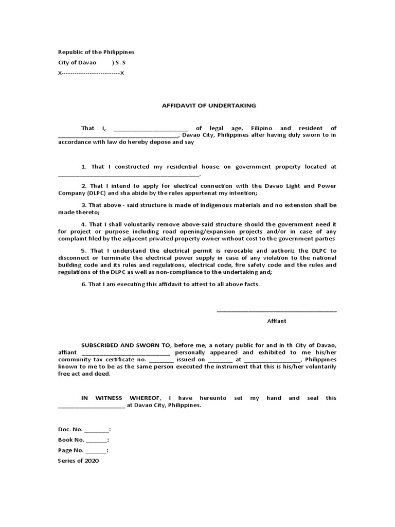 Affidavit of Undertaking: SUBSCRIBED AND SWORN TO, Before Me, A Notary ...