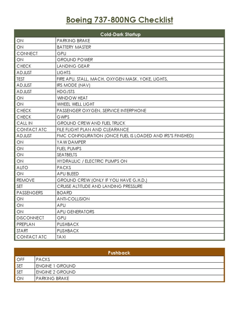 Boeing 737-800X Pro Checklist 1.1.3 | PDF | Brake | Landing Gear