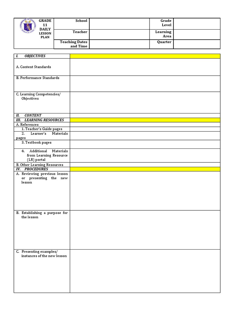 Grade 11 Daily School Grade Level Teacher Learning Area Teaching Dates ...