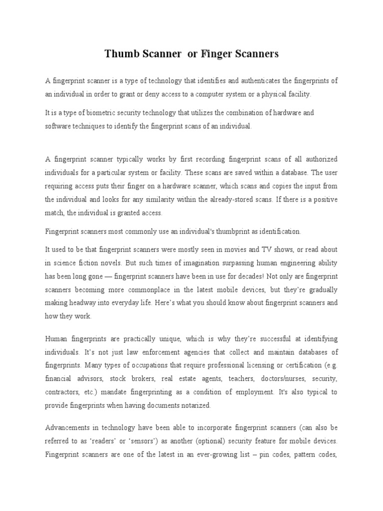 Thumb Scanner or Finger Scanners | PDF | Fingerprint | Touchscreen