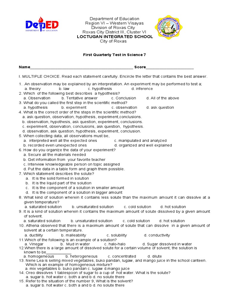 1st Quarter Exam in Science 7 | PDF | Solution | Mixture
