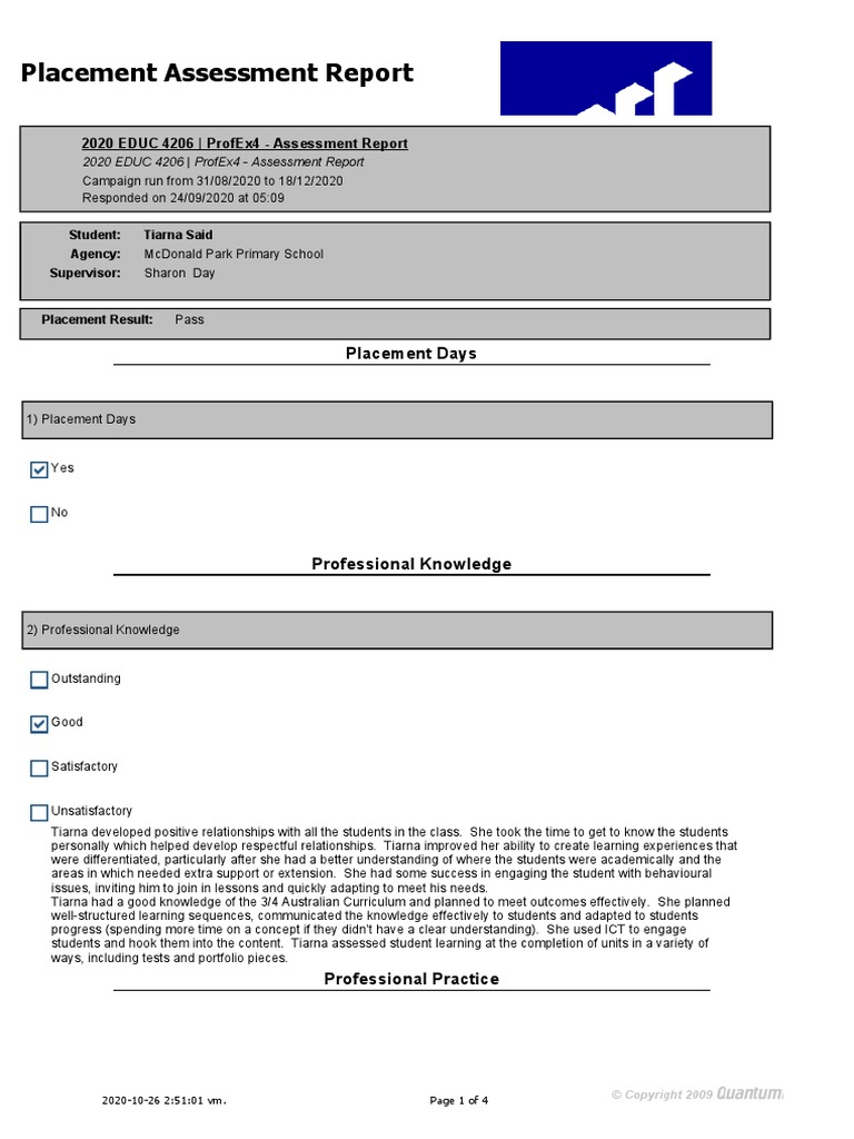 Placement Assessment Report | PDF | Teachers | Educational Psychology