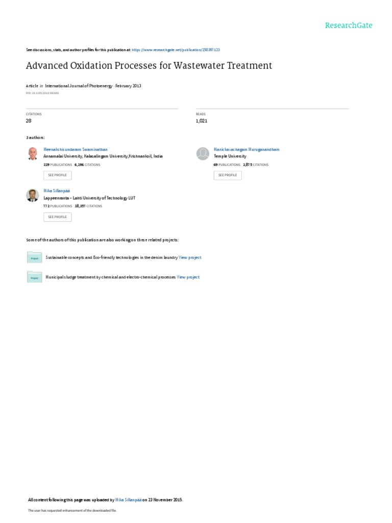 Advanced Oxidation Processes For Wastewater Treatm | PDF | Titanium ...