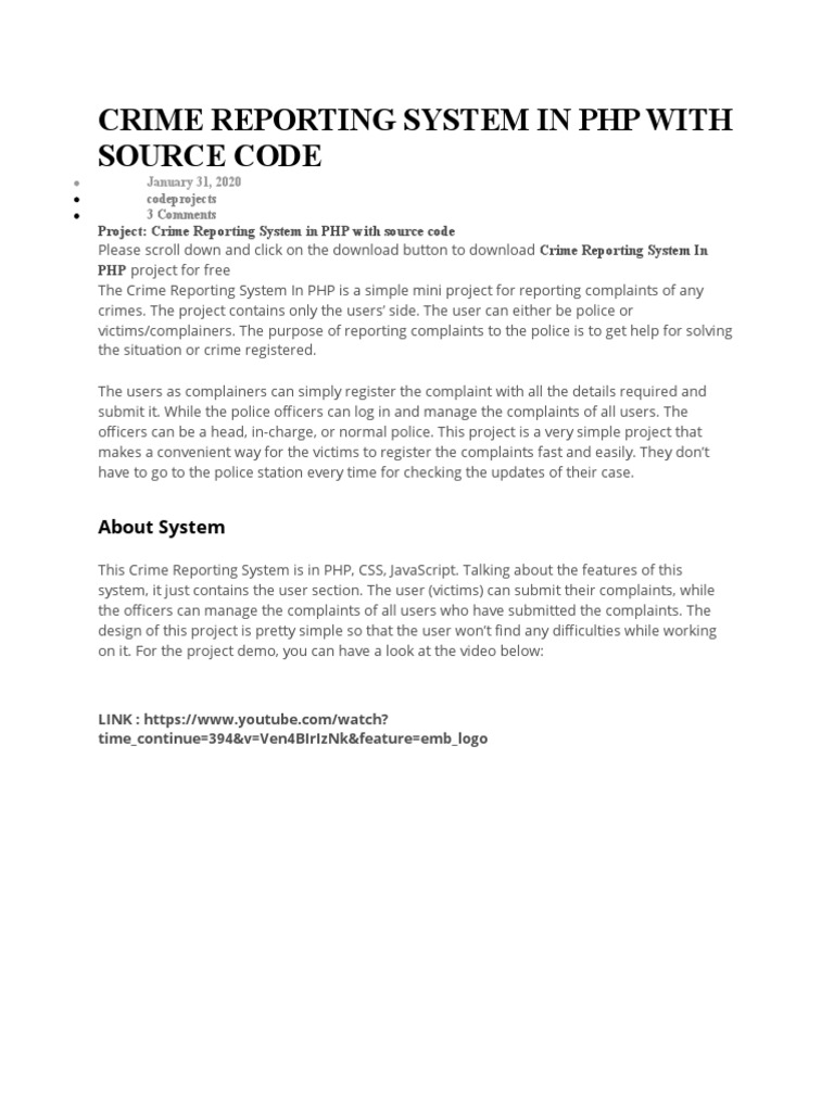 Crime Reporting System in PHP With Source Code | PDF | Php | Computer File