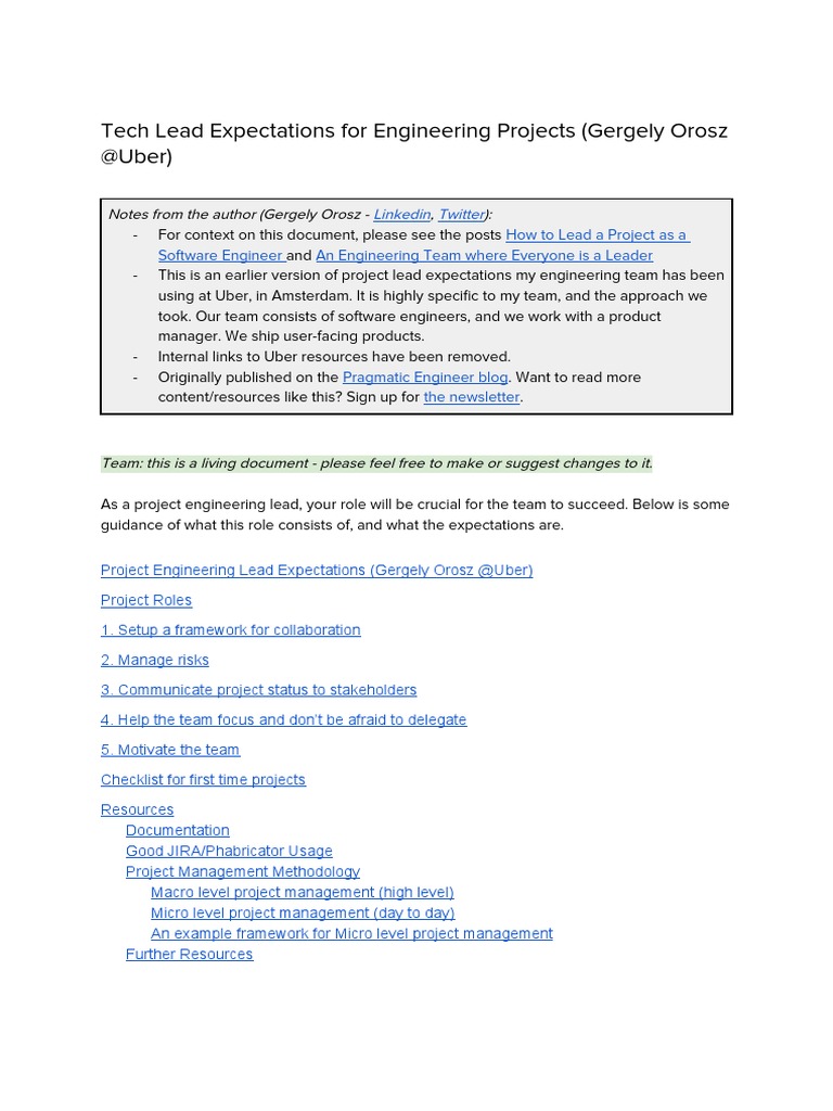 Tech Lead Expectations For Engineering Projects (Gergely Orosz @uber ...