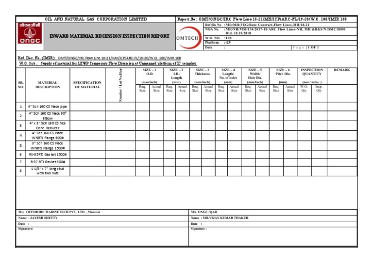 Inward Material Dimension Inspection Report | Download Free PDF | Gases ...