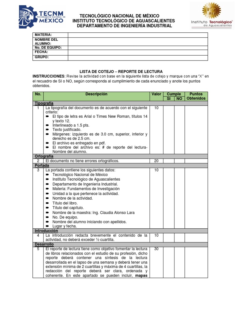 Lista de Cotejo - Reporte de Lectura | PDF | Science | Ciencia y Tecnología