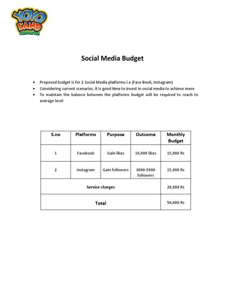 Social Media Budget: S.no Platforms Purpose Outcome Monthly Budget | PDF