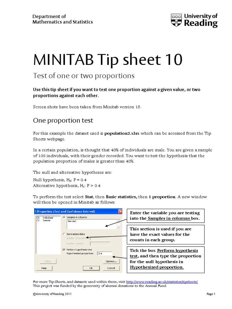 MINITAB Tip Sheet 10: Test of One or Two Proportions | Download Free ...