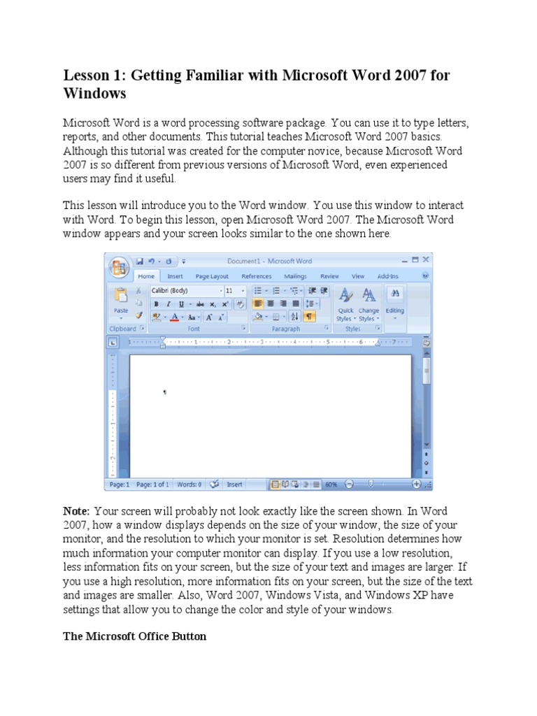 Lesson 1: Getting Familiar With Microsoft Word 2007 For Windows | PDF | Cursor (User Interface ...