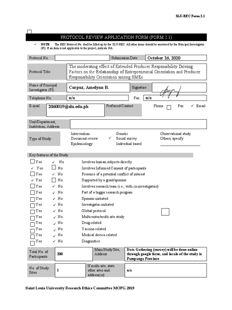 October 26, 2020: Protocol Review Application Form (Form 2.1) | PDF ...