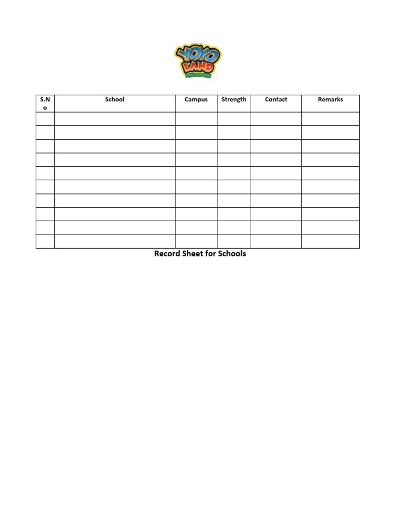 S.N o School Campus Strength Contact Remarks: Record Sheet For Schools ...