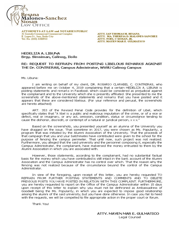 Attorneys warn Facebook user about libelous posts | PDF | Defamation ...