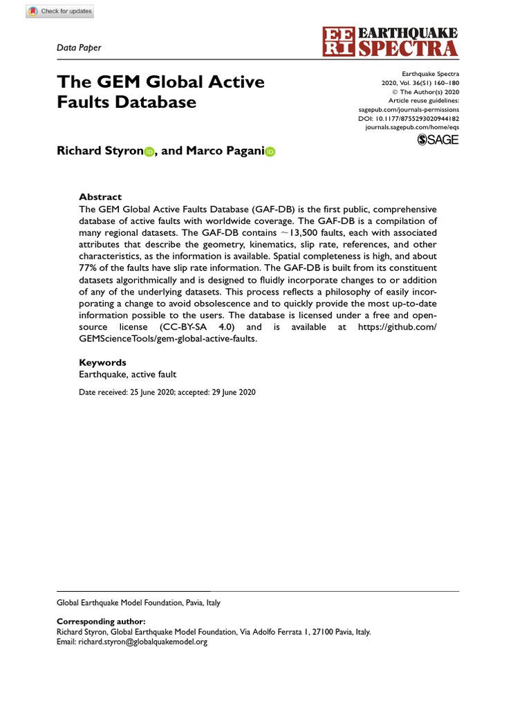 Styron, Pagani - The GEM Global Active Faults Database - 2020 | PDF | Fault (Geology) | Earthquakes
