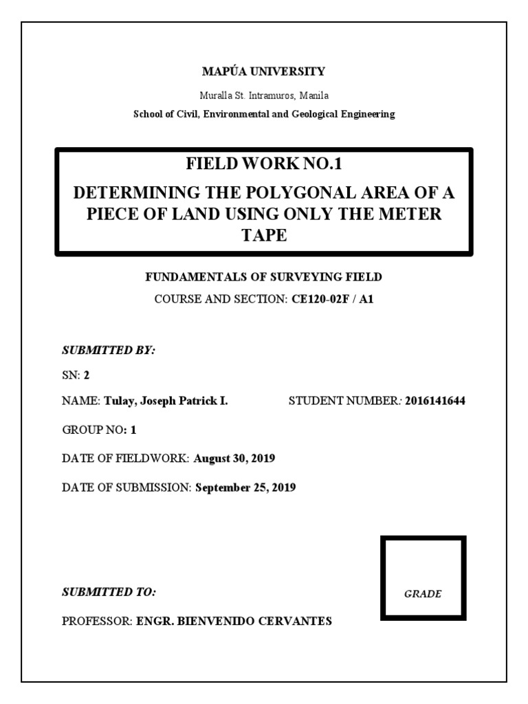 Field Work No.1 Determining The Polygonal Area of A Piece of Land Using ...