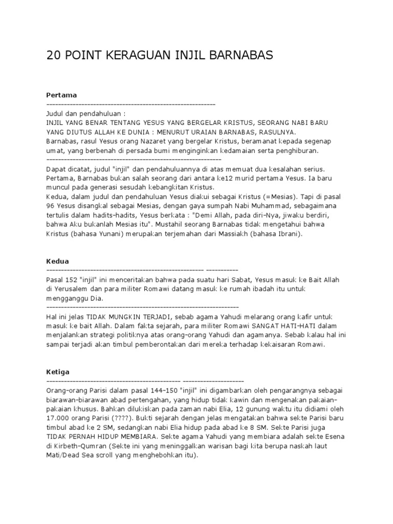20 Point Keraguan Injil Barnabas | PDF | Ilmu Sosial | Seni