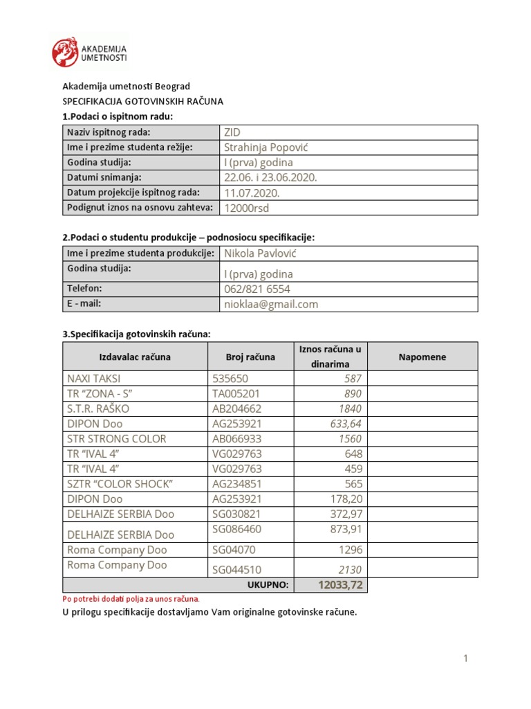 Specifikacija Gotovinskih Racuna | PDF
