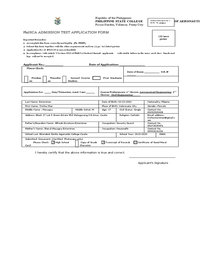 Philsca Admission Test Application Form: Republic of The Philippines ...