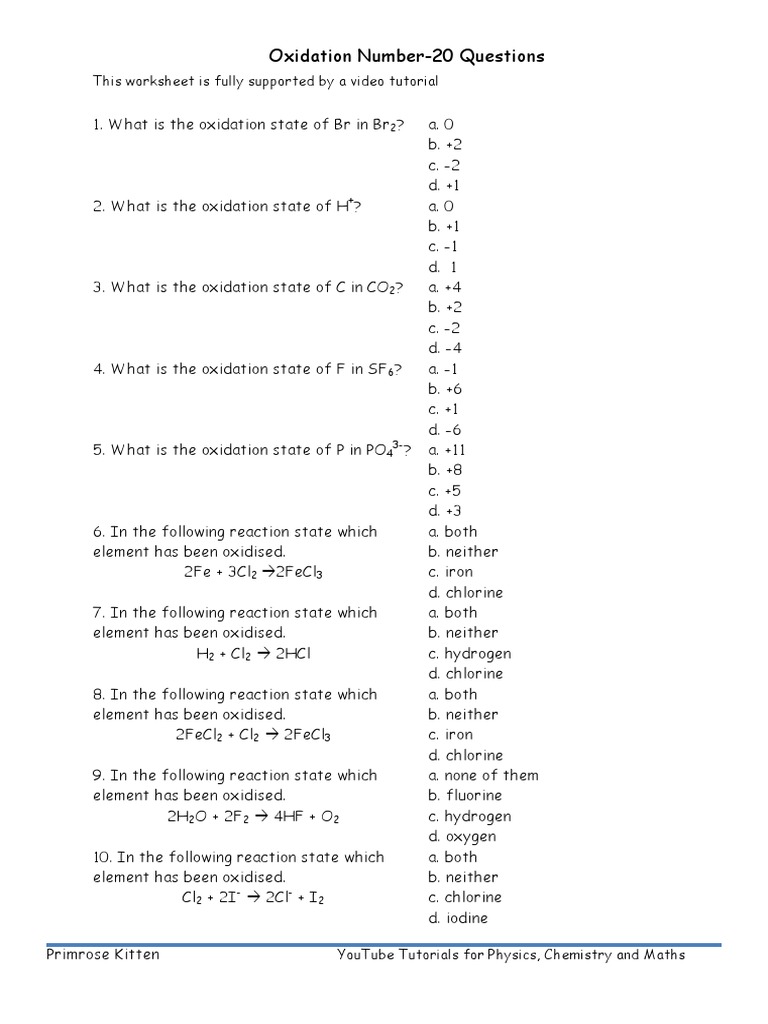 Oxidation Number-20 Questions: This Worksheet Is Fully Supported by A ...