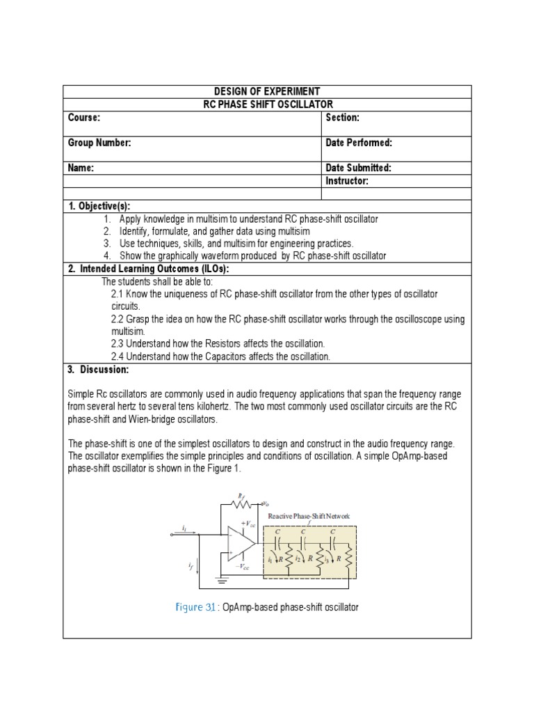 Design of Experiment RC Phase Shift Oscillator Course: Section: Group Number: Date Performed ...