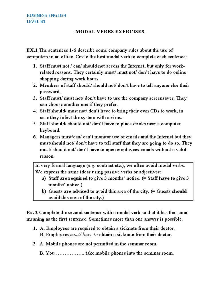 Modal Verbs - Exercises Related To Bec Vantage Book | PDF