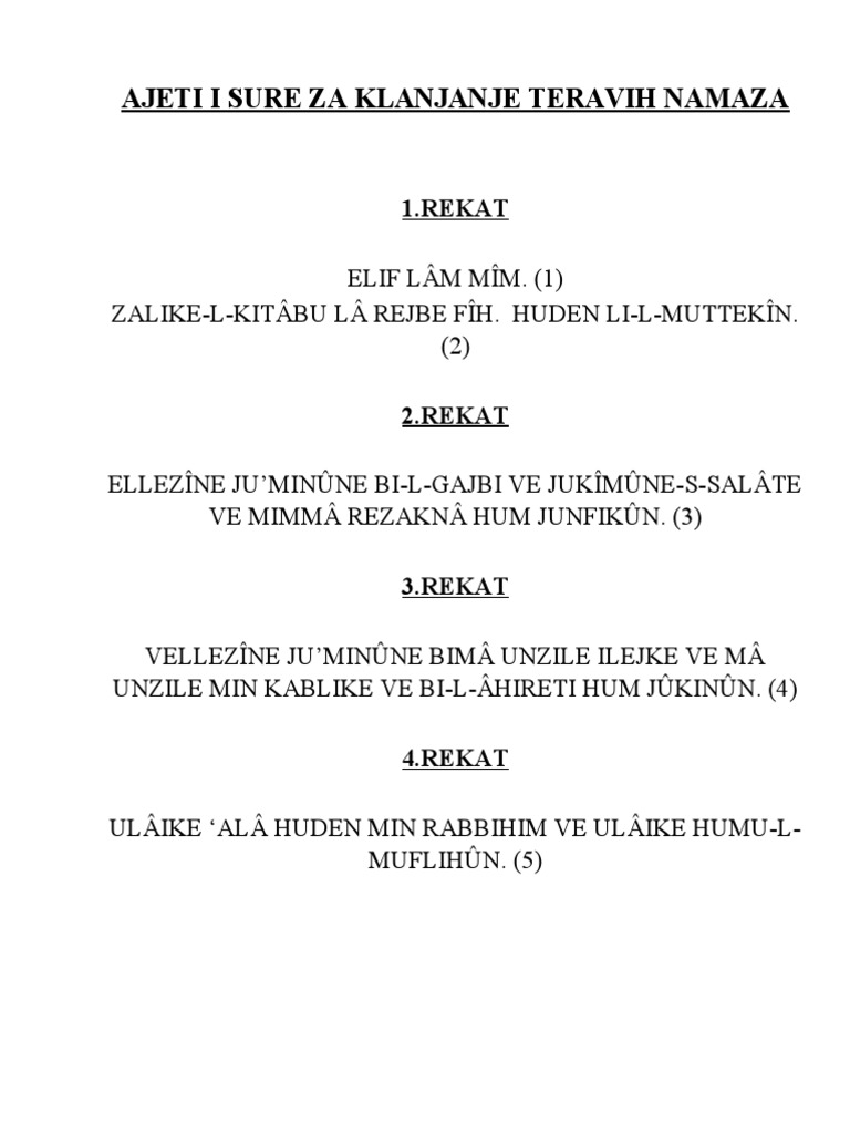 Ajeti I Sure Za Klanjanje Teravih Namaza | PDF