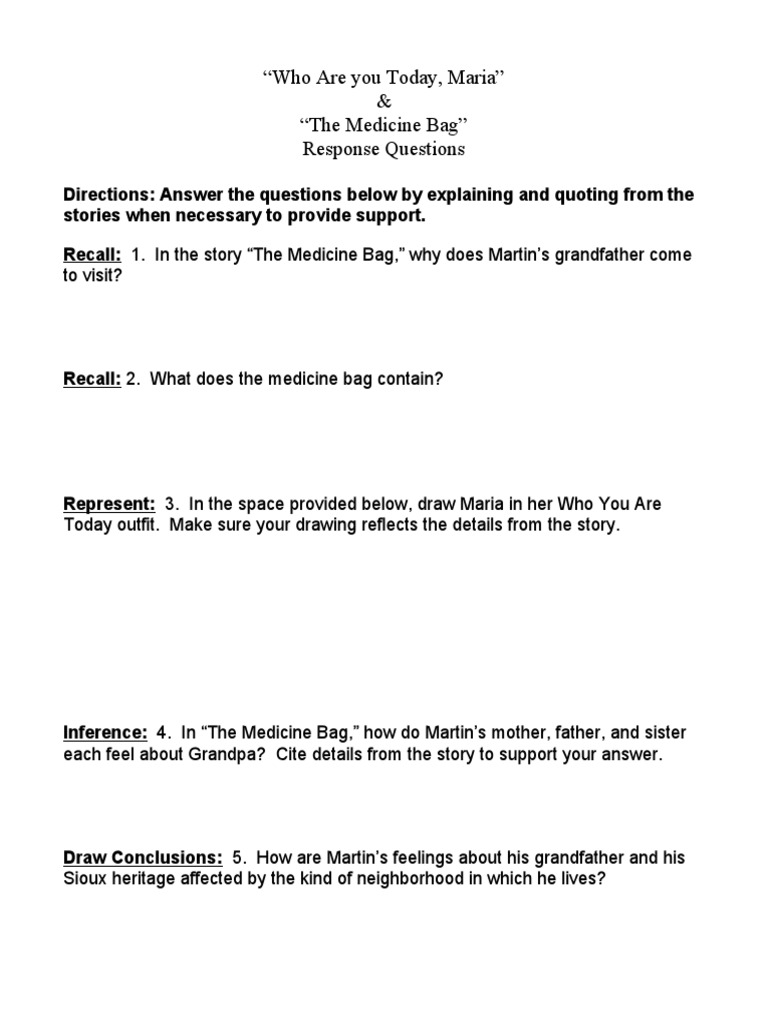 The Medicine Bag and Who Are You Today Maria Response Questions | PDF