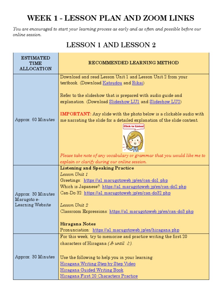 Week 1 - Lesson Plan and Zoom Links | PDF | Lesson Plan | Pedagogy