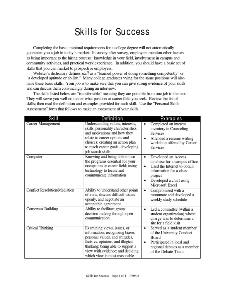 Skills For Success: Skill Examples | PDF