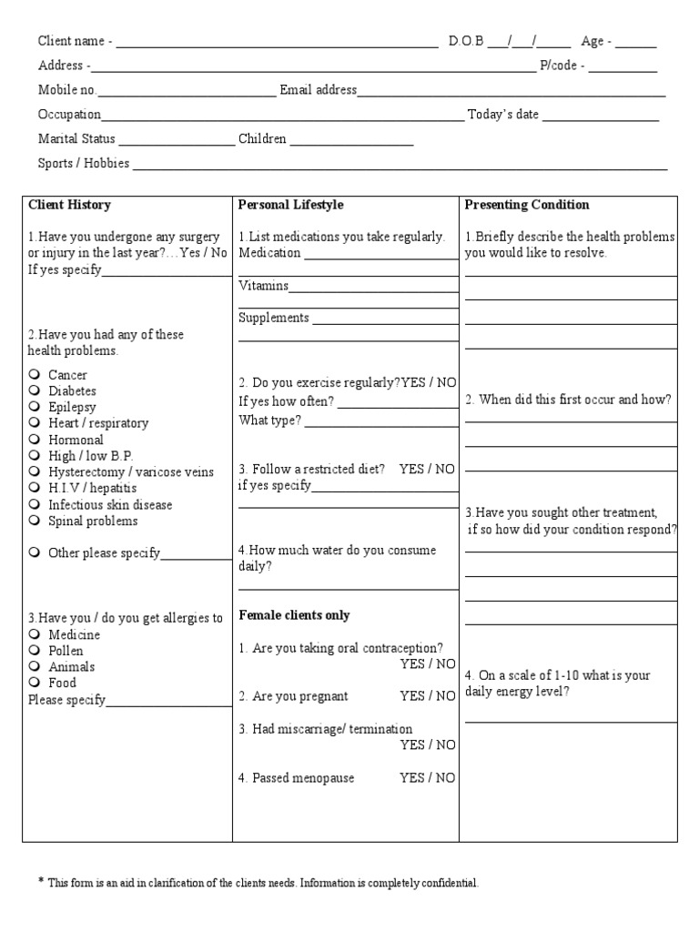 Client History Personal Lifestyle Presenting Condition | PDF | Health ...