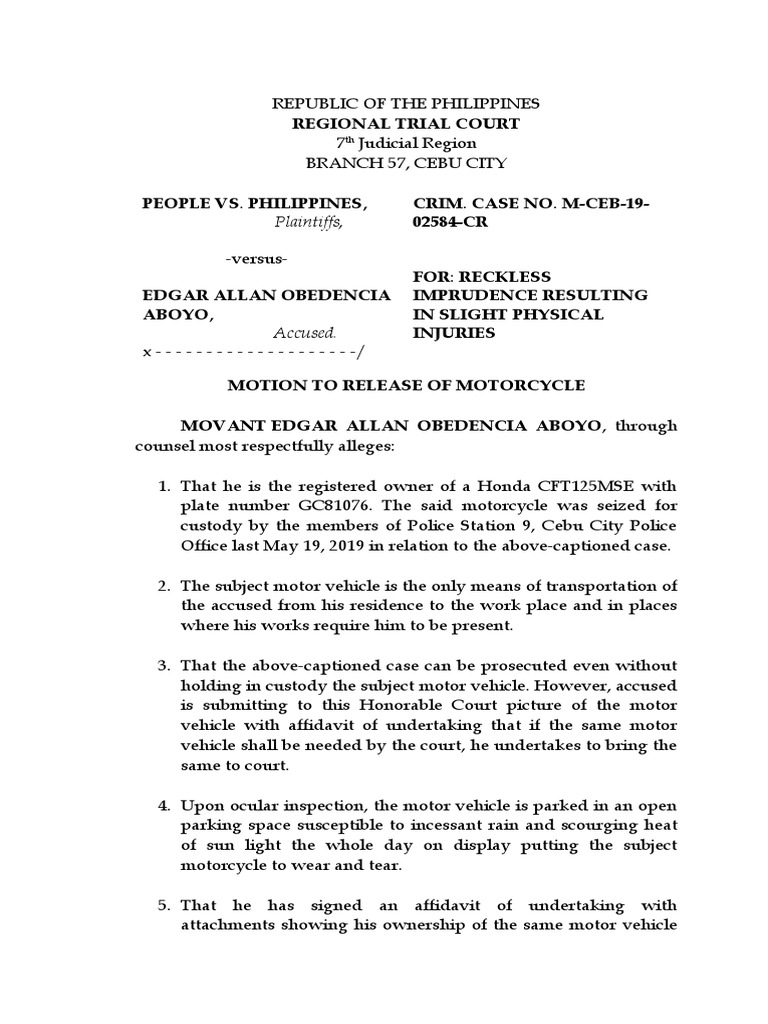 Motion To Release | PDF | Prosecutor | Legal Procedure