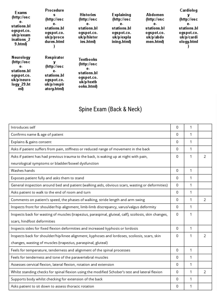 Spine Exam (Back & Neck) - OSCE Stations | PDF | Hip | Musculoskeletal ...