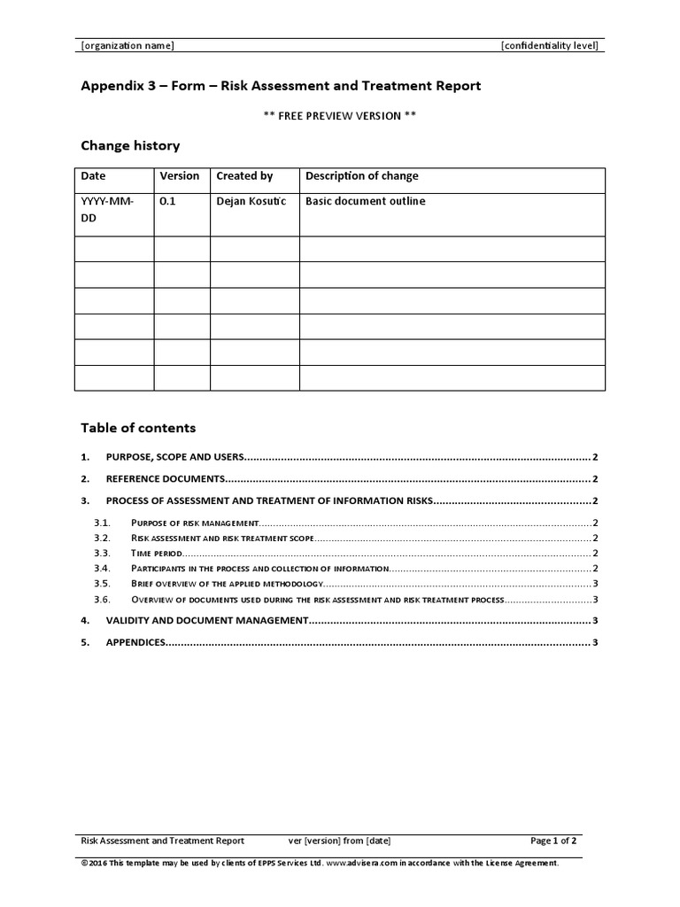 Appendix 3 - Form - Risk Assessment and Treatment Report: Free Preview ...