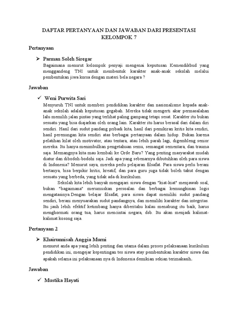 Daftar Pertanyaan Dan Jawaban Dari Presentasi Kelompok 7 | PDF