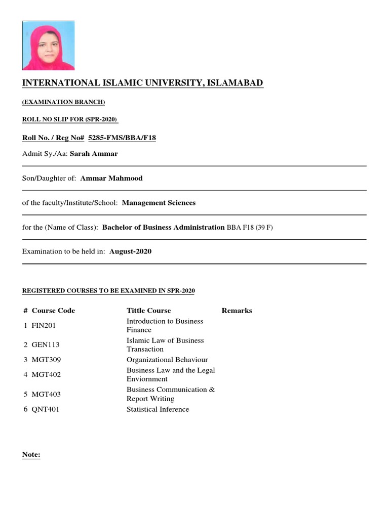 International Islamic University, Islamabad: Roll No. / Reg No# 5285 ...