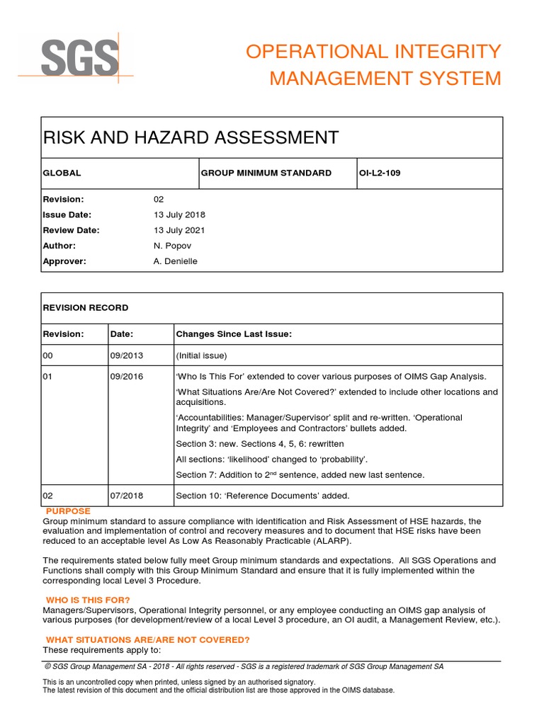 SGS-OI-L2-109 Risk and Hazard Assessment-A4-EN-18-Rev02 | PDF | Risk ...