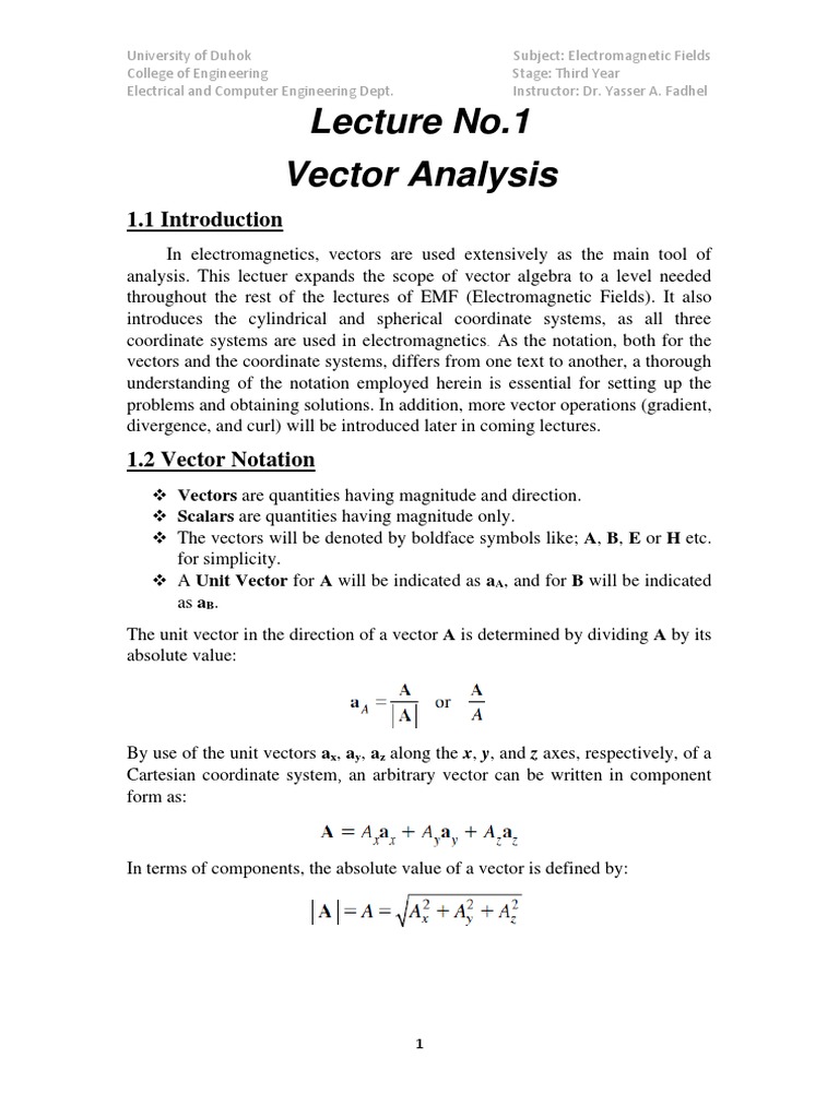 Lecture No 1 Vector Analysis Pdf Coordinate System Euclidean Vector