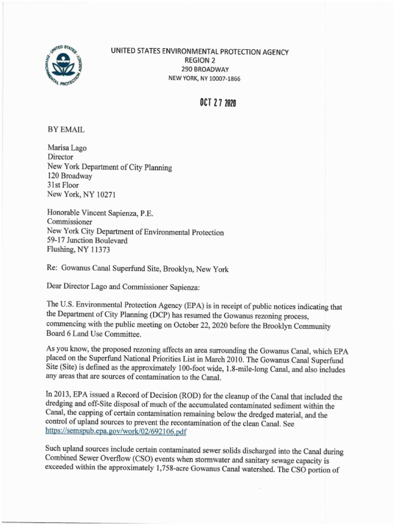 Gowanus Canal Letter - EPA - 2020 | PDF | Combined Sewer | Superfund