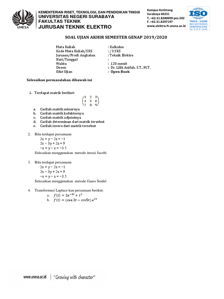 Soal UAS Kalkulus Teknik Elektro 2020 | PDF