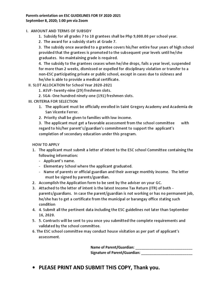 Parents Orientation On ESC GUIDELINES FOR SY 2020 | PDF | Government ...